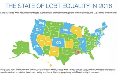 Kui tugevad on teie osariigi LGBTQ poliitikad ja kaitsed? Out & Equal Advocates'i kaart muudab iga osariigi suurust vastavalt 119886_2