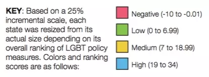 Hvor sterke er LHBTQ-retningslinjene og -beskyttelsene i staten din? Out & Equal Advocates' kart endrer størrelsen på hver stat tilsvarende 119886_3