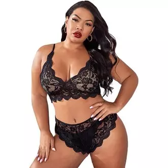 SOLY HUX Plus Size Floral Lace Scalloped Trim Lingerie Set