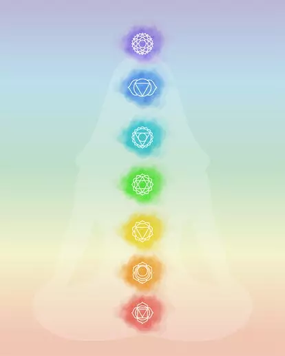 Chakras: muladhara, swadhisthana, manipura, anahata, vishuddha, ajna, sahasrara. Letšoao la line ea Vector....