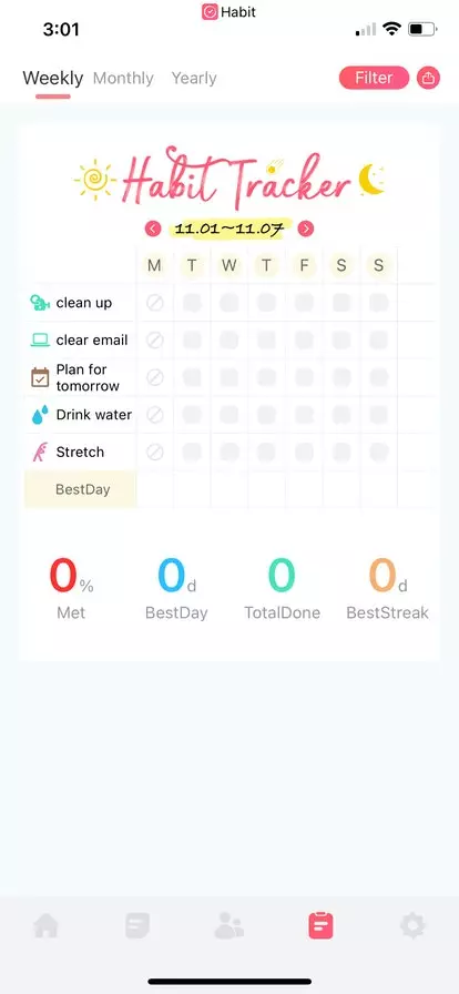 Uno screenshot di come funziona l'app di produttività Habit Tracker.