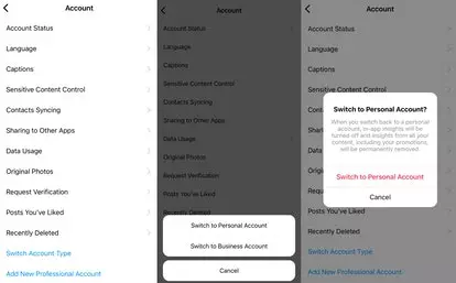 Екранни снимки, показващи как да превключите обратно към личен акаунт в Instagram.