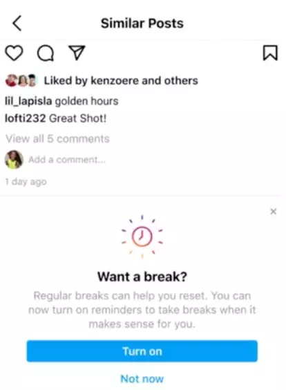 Potret layar anu nunjukkeun fitur Take A Break Instagram anu ayeuna nuju diuji.