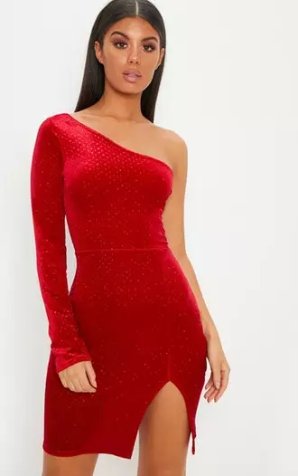 Gaun Mini Lengan Panjang Beludru Merah Glitter Satu Bahu