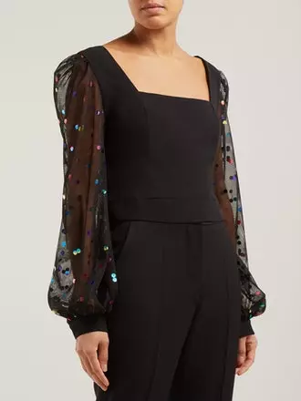 Staud Sway Polka Dot Crepe at Tulle Top