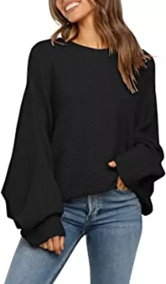 Mafulus เสื้อกันหนาวคอกลมขนาดใหญ่สำหรับผู้หญิง Batwing Puff แขนยาว Cable Slouchy Pullover