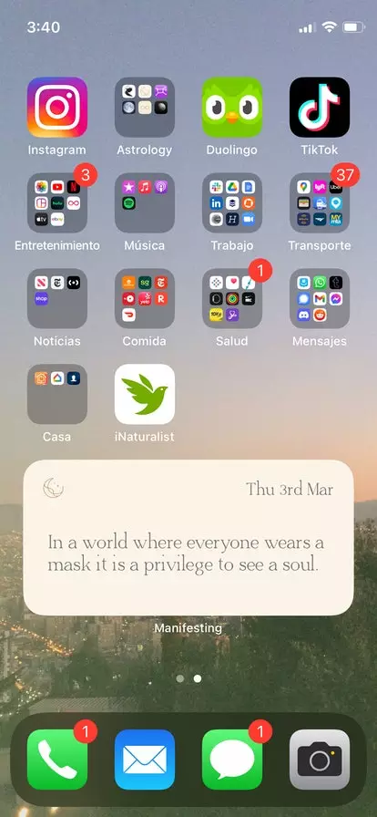 Screenshot della schermata iniziale di un iPhone con il widget dell'app di manifestazione installato.